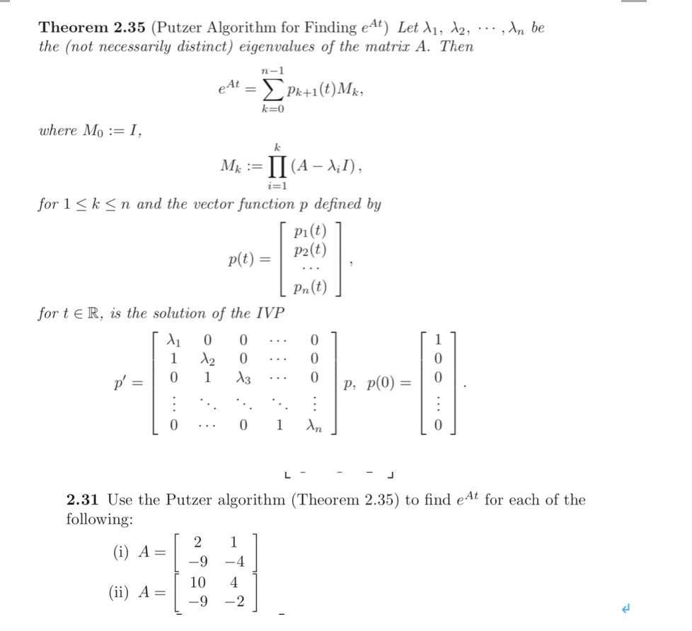 Solved Theorem 2.35 (Putzer Algorithm for Finding eAt) Let | Chegg.com