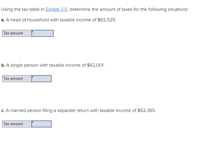 Using the tax table in Exhibit 3-5, determine the | Chegg.com