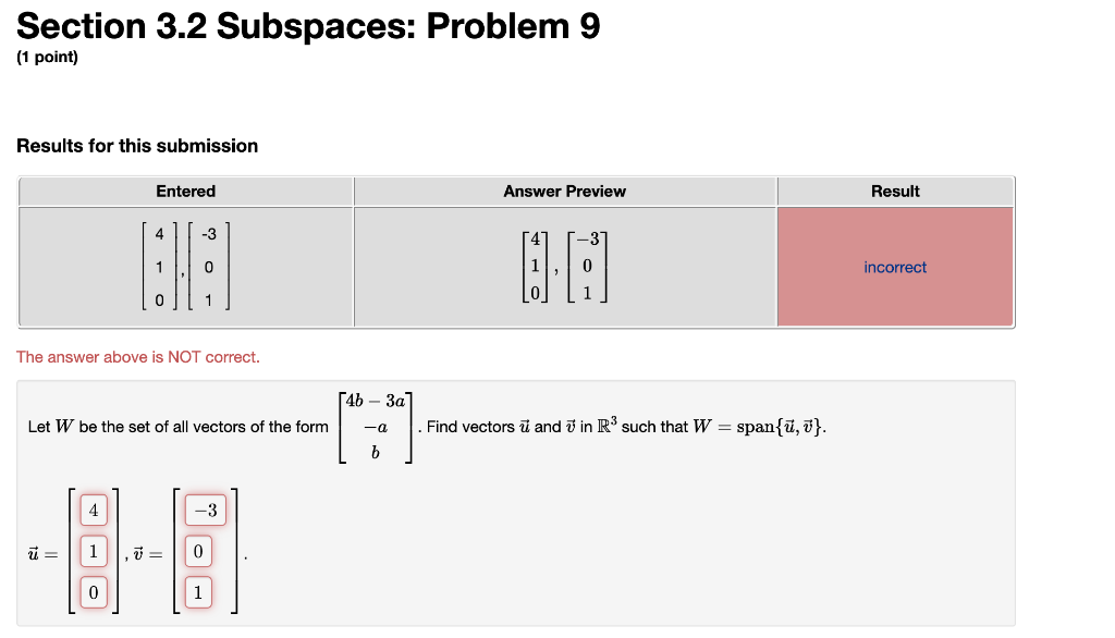 Solved Section 3.2 Subspaces: Problem 9 (1 point) Results | Chegg.com