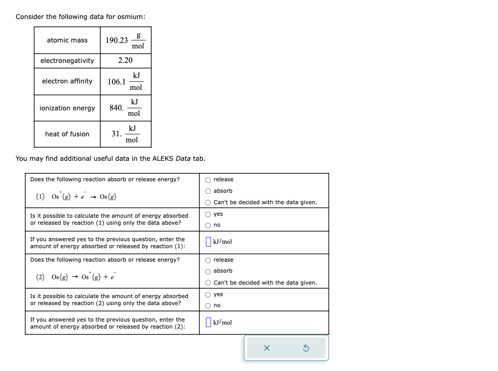 Solved Consider the following data for osmium: You may find | Chegg.com