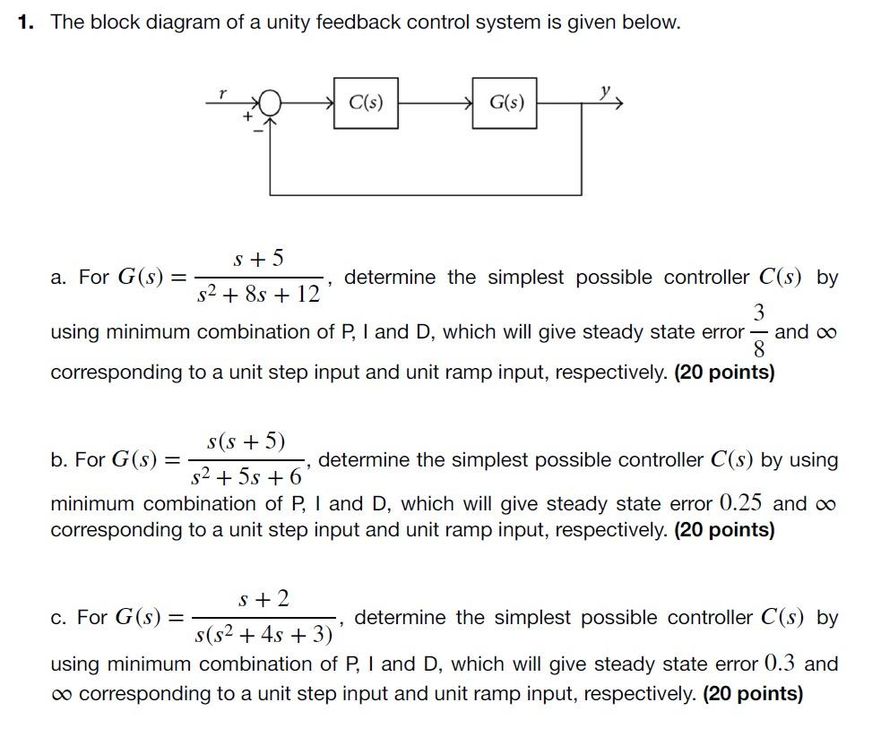 Solved 1. The block diagram of a unity feedback control | Chegg.com