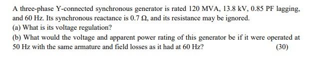 Solved A three-phase Y-connected synchronous generator is | Chegg.com