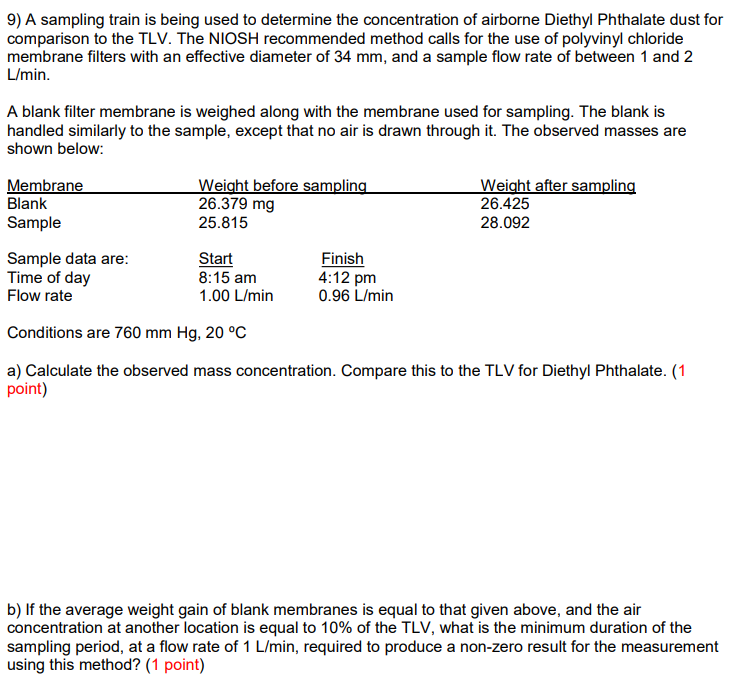 Solved 9) A sampling train is being used to determine the | Chegg.com