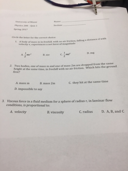 Solved A body of mass m in freefall, with no air friction, | Chegg.com