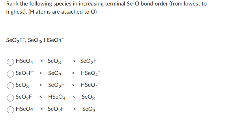 Solved Rank the following species in ﻿increasing terminal | Chegg.com