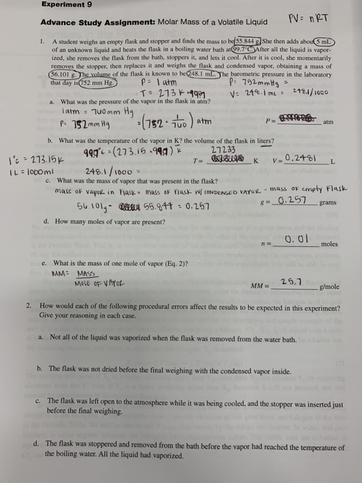 Solved Experiment 9 PV=nPT Advance Study Assignment: Molar | Chegg.com