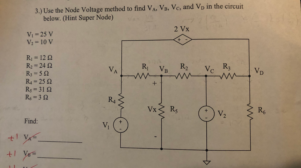 Solved 3.) Use the Node Voltage method to find VA, VB, Vc, | Chegg.com