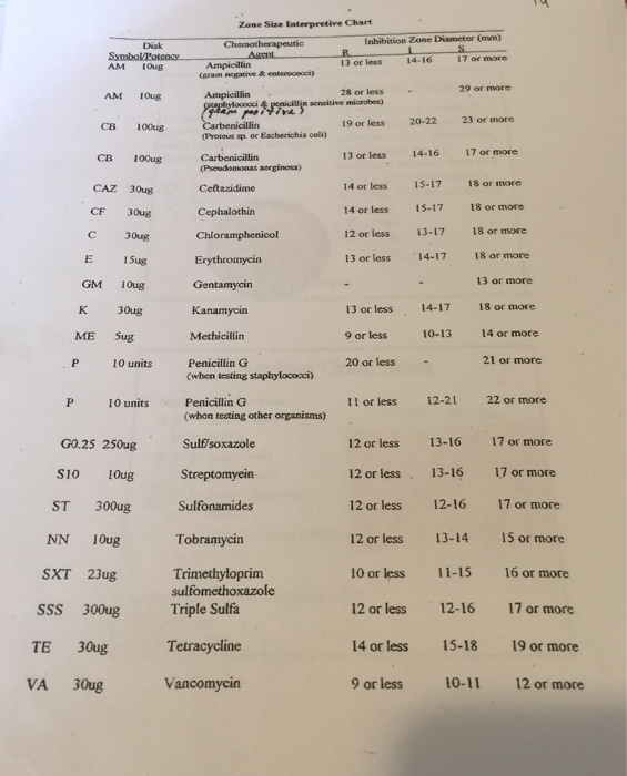 Solved Zone Sze Interpretive Chart Inhibition Zone Diameter | Chegg.com