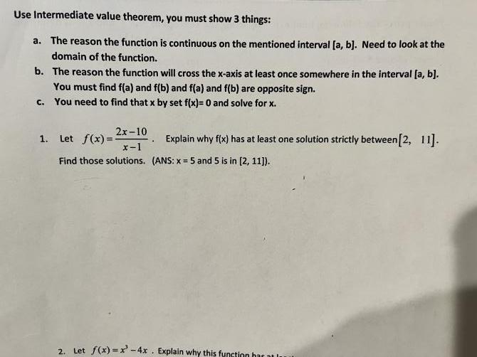 Use Intermediate value theorem, you must show 3 | Chegg.com