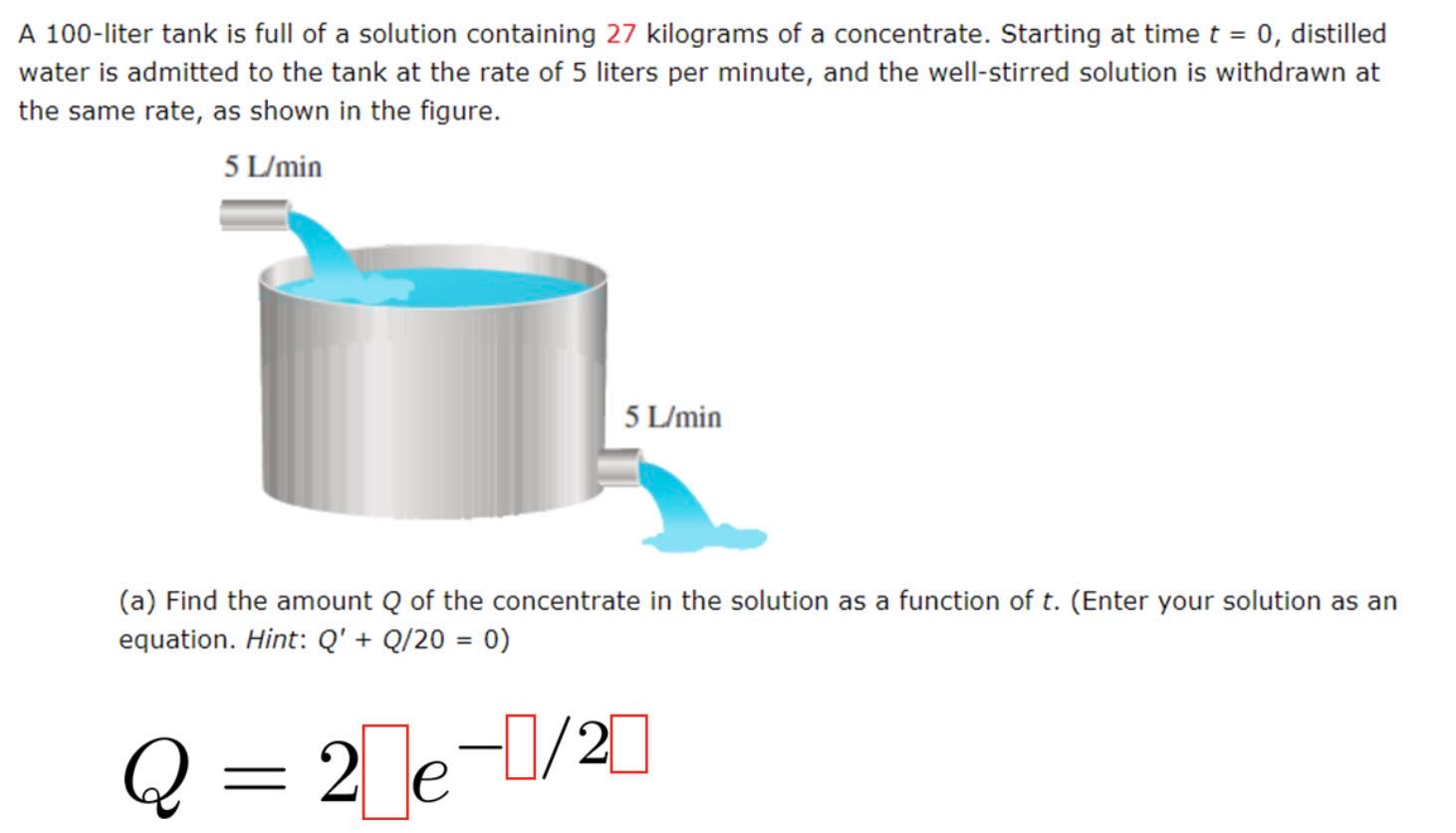 Solved A 100-liter tank is full of a solution containing 27 | Chegg.com
