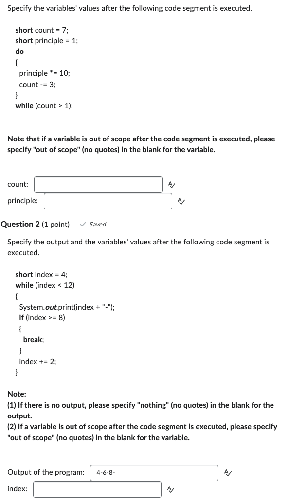 Solved Specify the variables' values after the following | Chegg.com