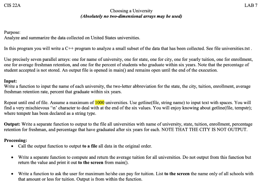 CIS 22A LAB 7 Choosing a University (Absolutely no | Chegg.com