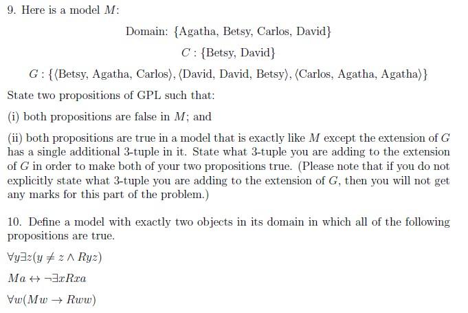 9. Here is a model M : Domain: \{Agatha, Betsy, | Chegg.com