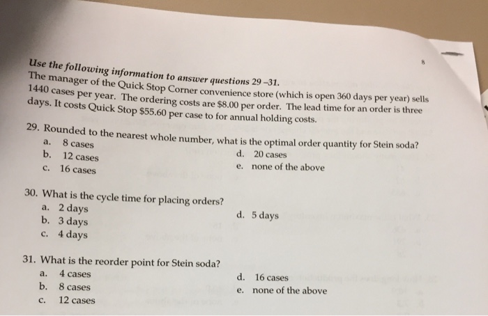 Solved Use the following information to answer questions | Chegg.com