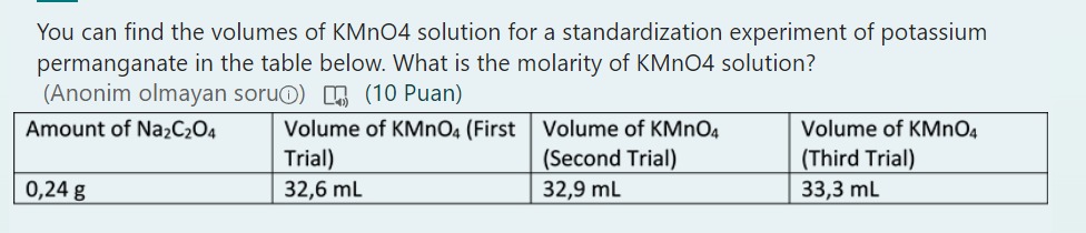 Solved You can find the volumes of KMnO4 solution for a | Chegg.com
