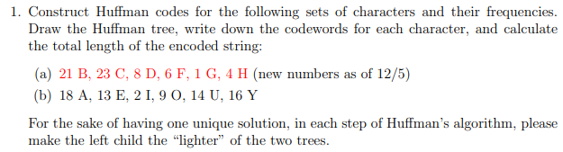 Solved 1 Construct Huffman Codes For The Following Sets Of 