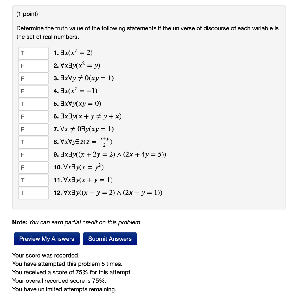 Solved (1 point) Determine the truth value of the following | Chegg.com