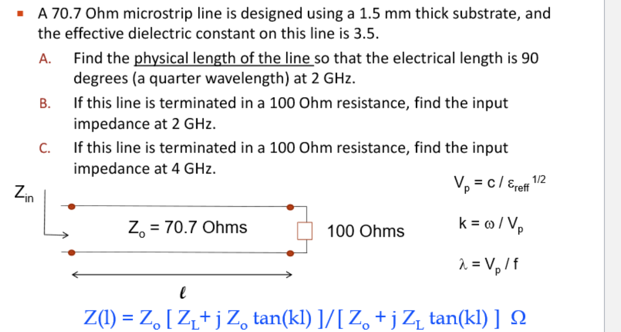 Solved • A 70.7 Ohm microstrip line is designed using a 1.5 | Chegg.com