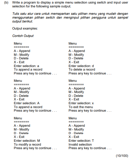 Solved (b) Write a program to display a simple menu | Chegg.com