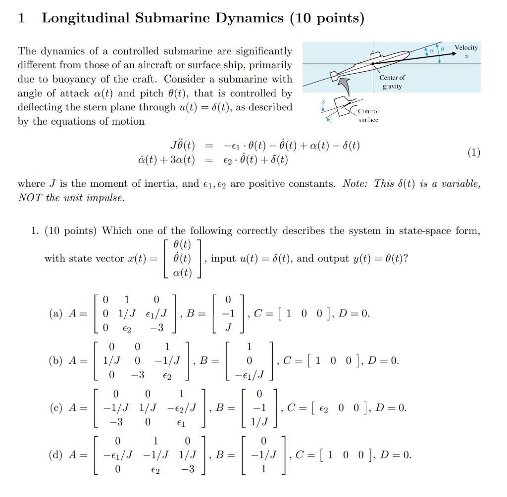 1 Longitudinal Submarine Dynamics (10 points) | Chegg.com
