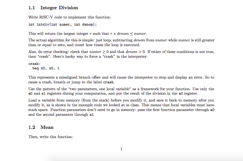 1.1 Integer Division Write RISC-V code to implement | Chegg.com