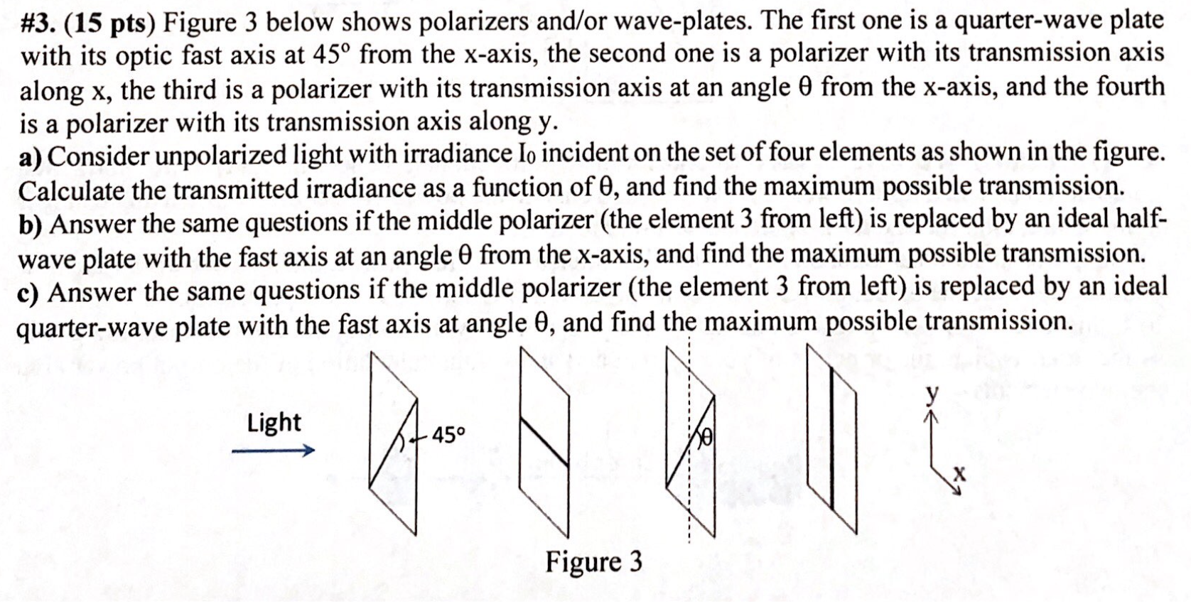 Solved \#3. (15 pts) Figure 3 below shows polarizers and/or | Chegg.com