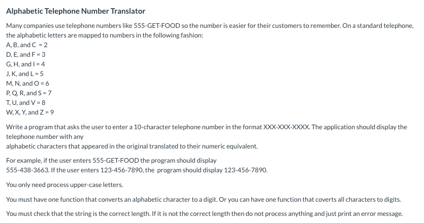 Solved Alphabetic Telephone Number Translator Many companies | Chegg.com