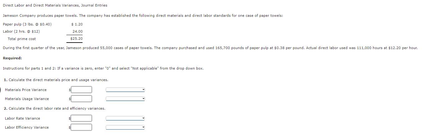 Solved Direct Labor and Direct Materials Variances, Journal | Chegg.com
