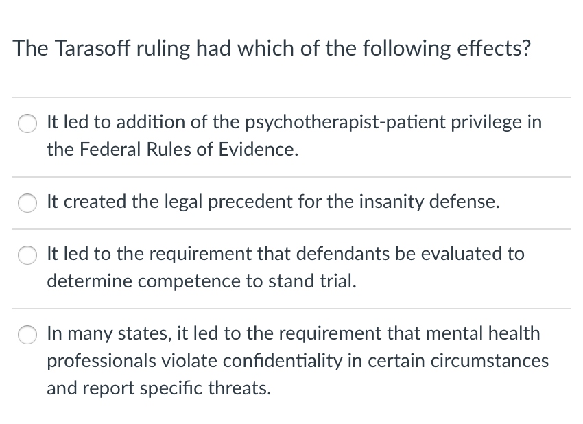 Solved The Tarasoff ruling had which of the following | Chegg.com