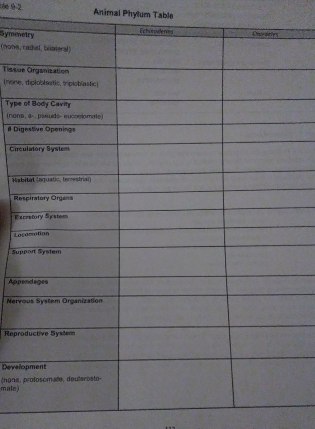 Solved le 9-2 Animal Phylum Table Symmetry (none, radial, | Chegg.com