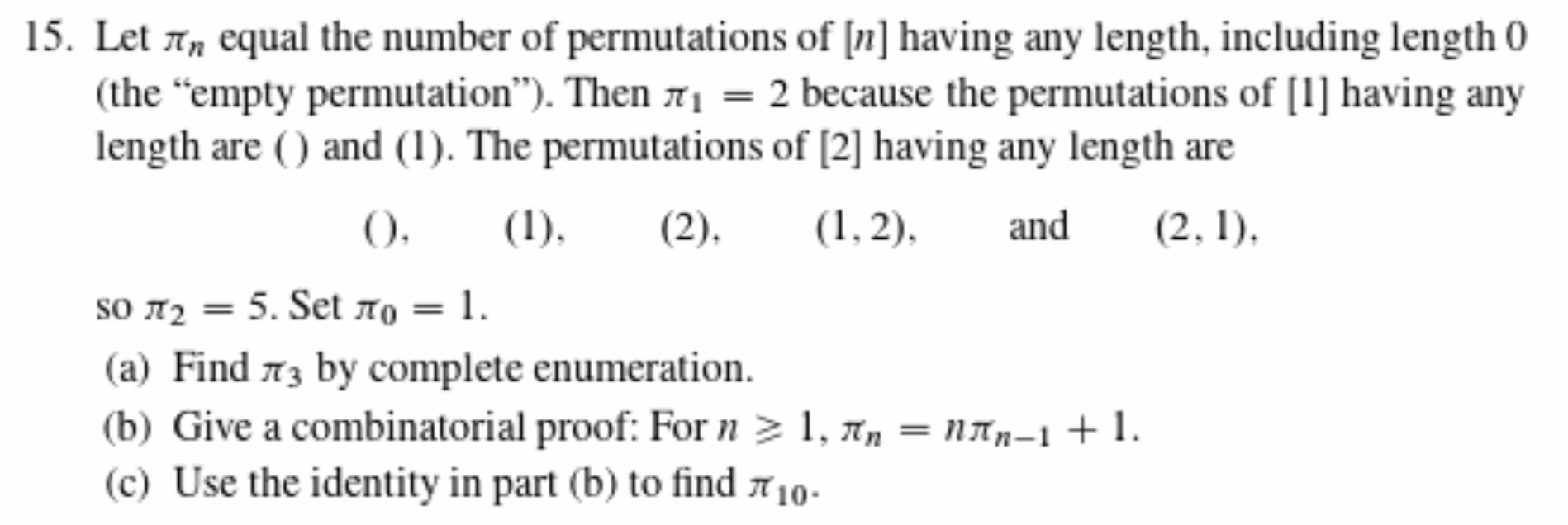 Solved 5. Let πn equal the number of permutations of [n] | Chegg.com