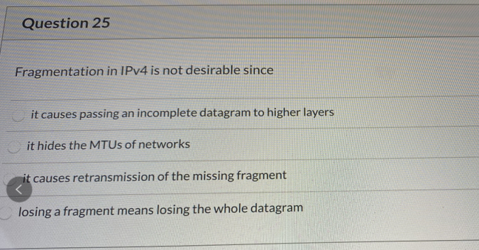 Solved Question 25 Fragmentation in IPv4 is not desirable | Chegg.com