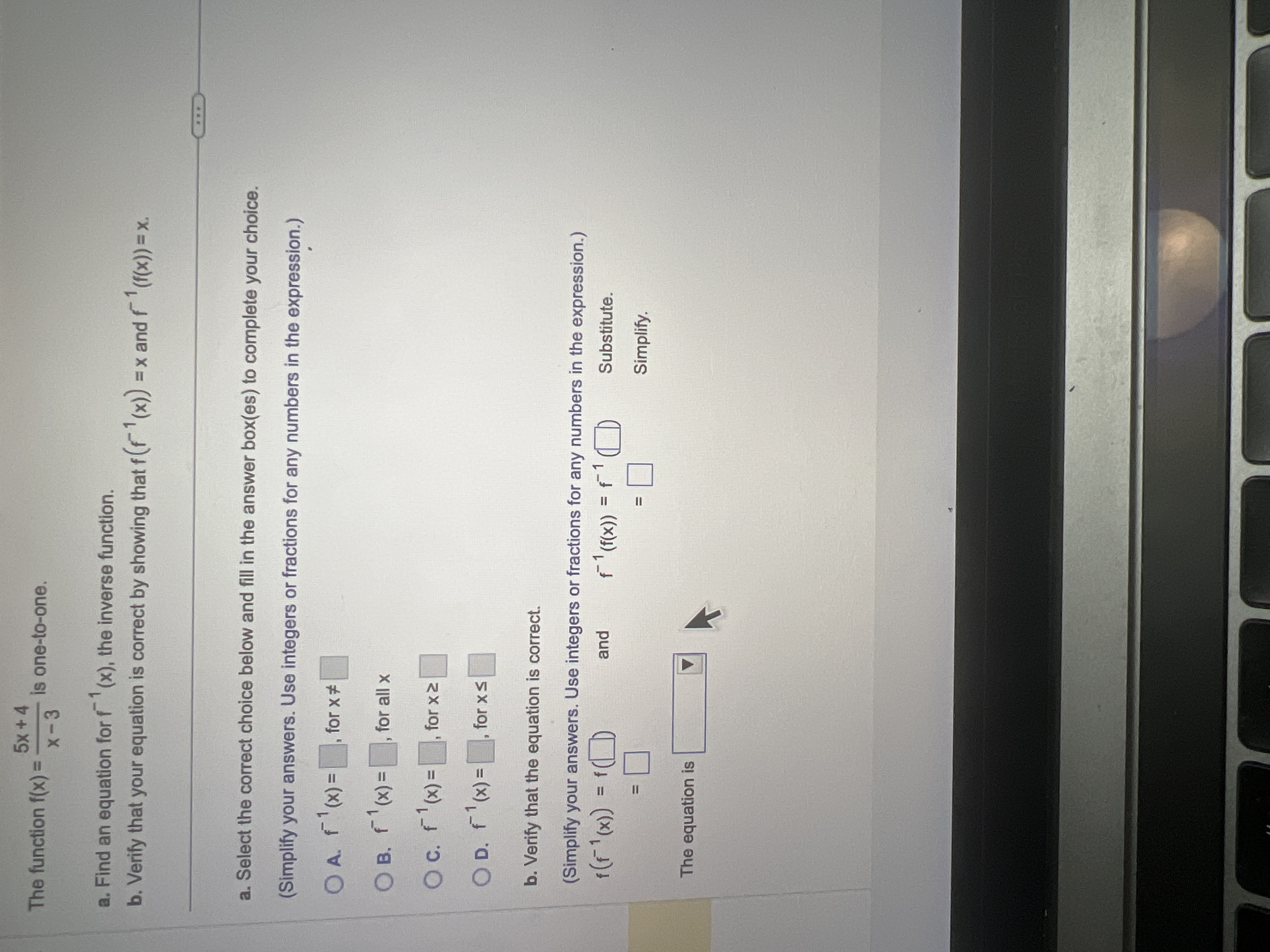 Solved The function f(x)=x−35x+4 is one-to-one. a. Find an | Chegg.com