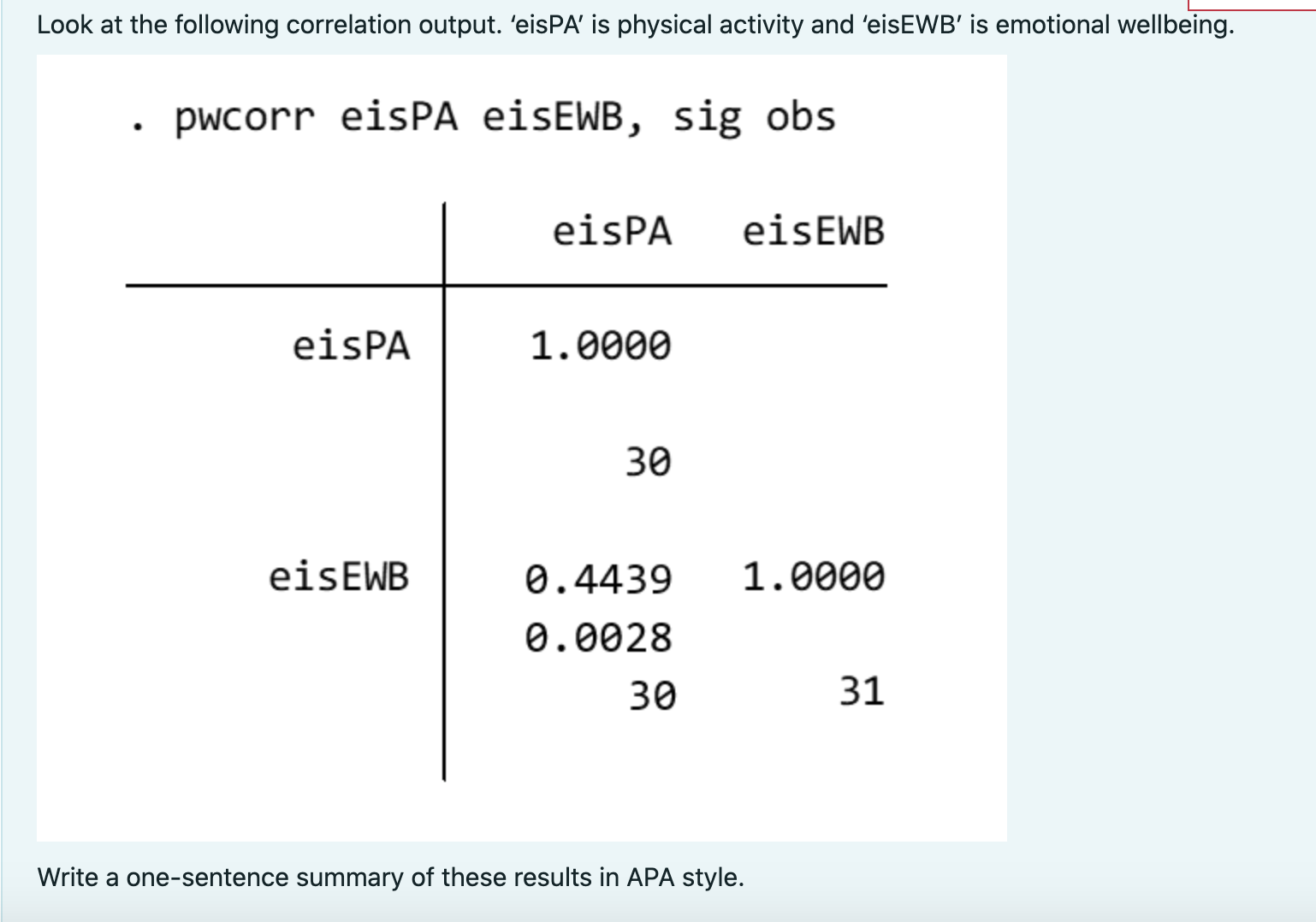 Solved - pwcorr eisPA eisEWB, sig obs Write a one-sentence | Chegg.com