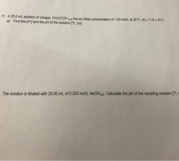 Solved A 25 0 ml. solution of vinegar. CH_3 COOH (aq) has an | Chegg.com