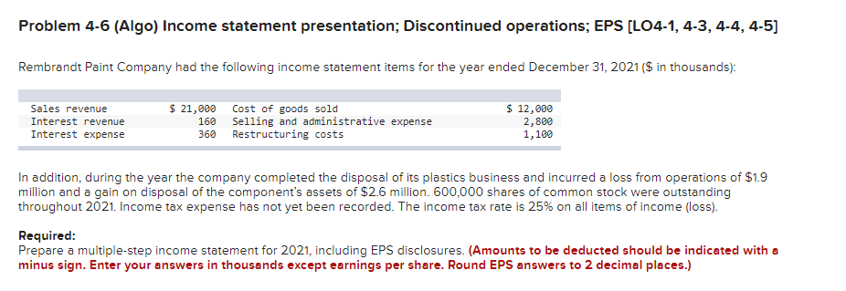 Solved Problem 4-6 (Algo) Income statement presentation; | Chegg.com
