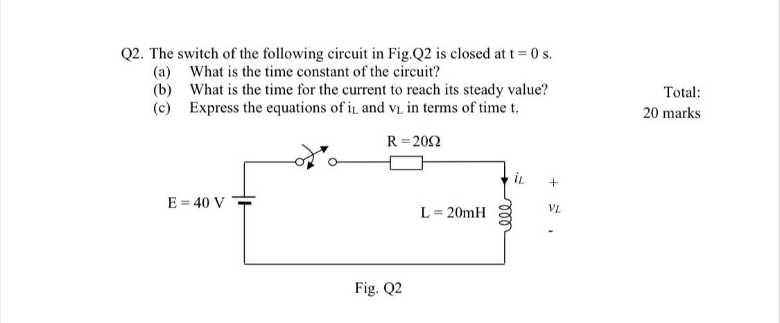 Solved Q2. The switch of the following circuit in Fig.Q2 is | Chegg.com
