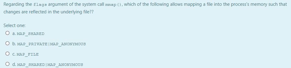 Solved Regarding the flags argument of the system call mmap | Chegg.com