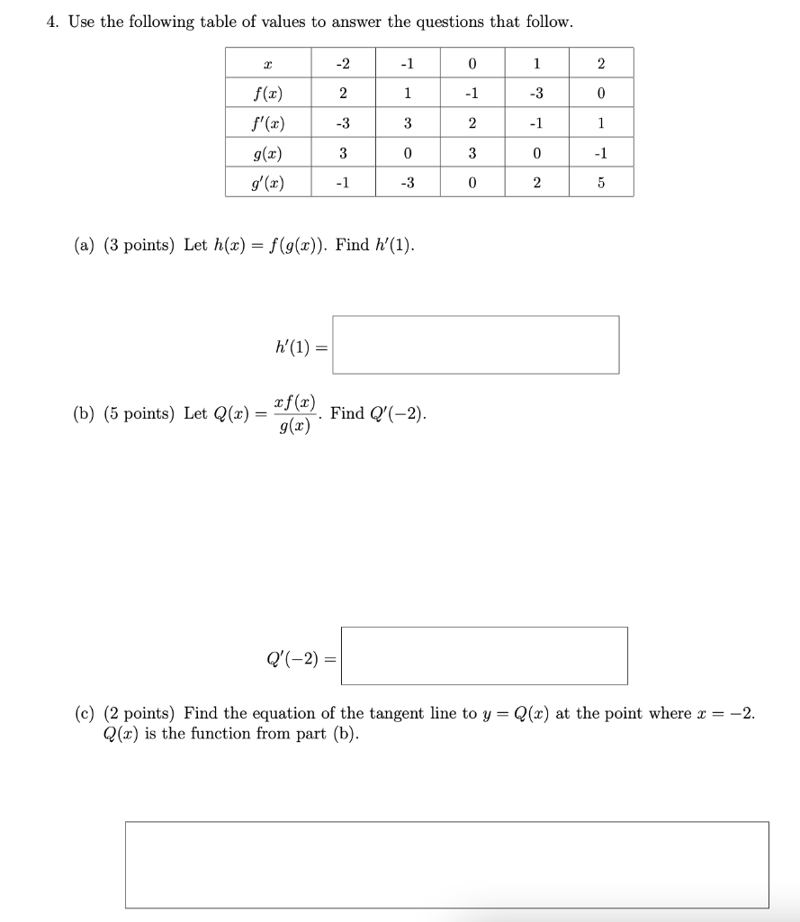 Solved 4. Use the following table of values to answer the | Chegg.com