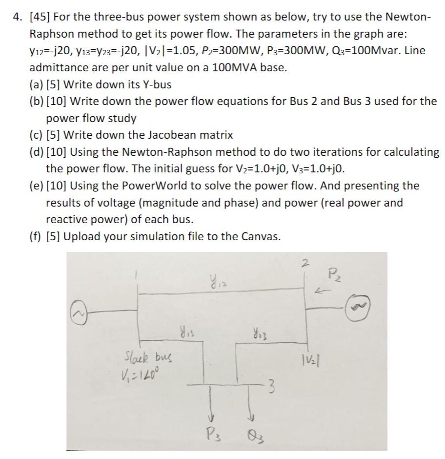 Solved 4. [45] For the three-bus power system shown as | Chegg.com