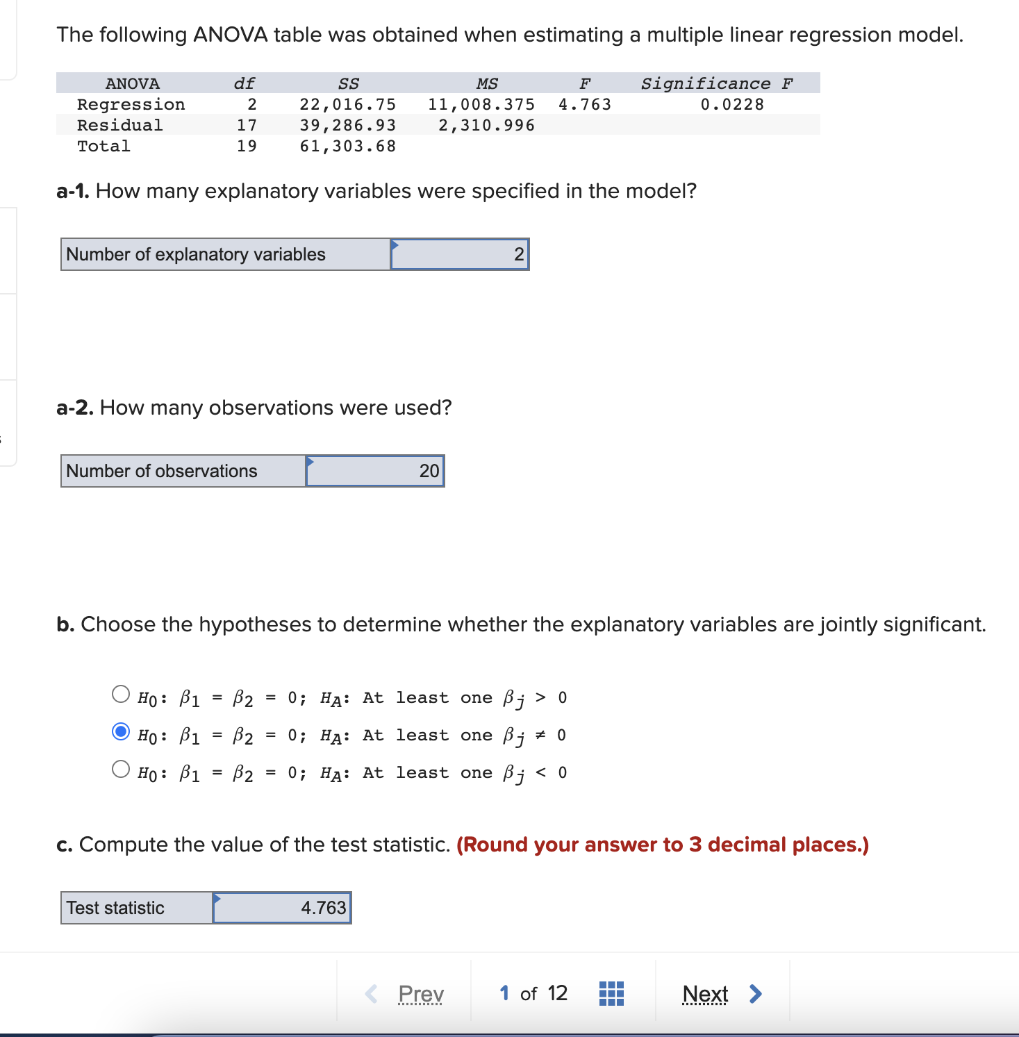 Solved The following ANOVA table was obtained when | Chegg.com