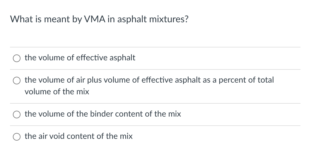 Solved What is meant by VMA in asphalt mixtures? the volume | Chegg.com