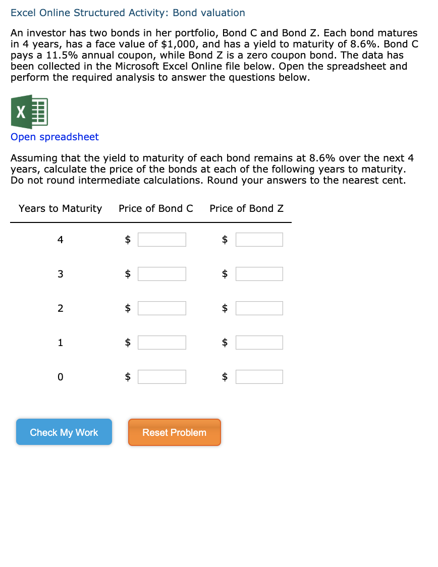 Solved Excel Online Structured Activity: Bond valuation An | Chegg.com