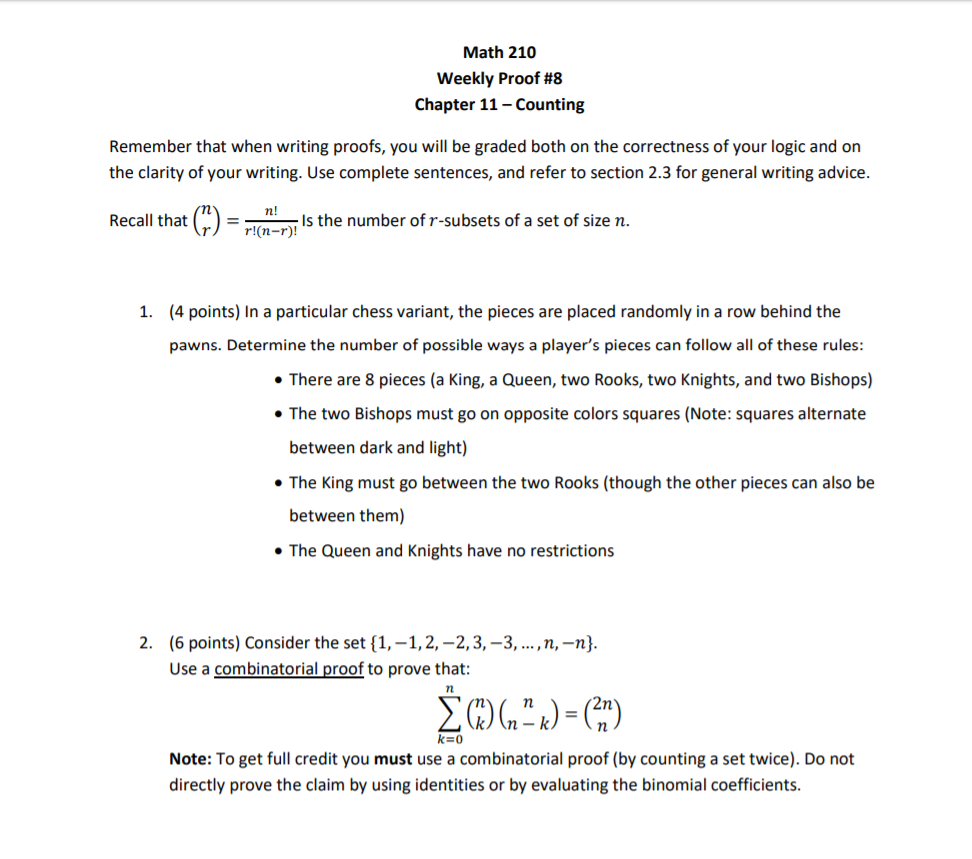 Solved Math 210 Weekly Proof #8 Chapter 11 - Counting | Chegg.com