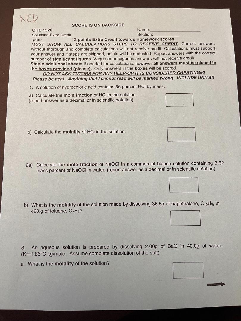 Solved NED SCORE IS ON BACKSIDE CHE 1520 Name: | Chegg.com