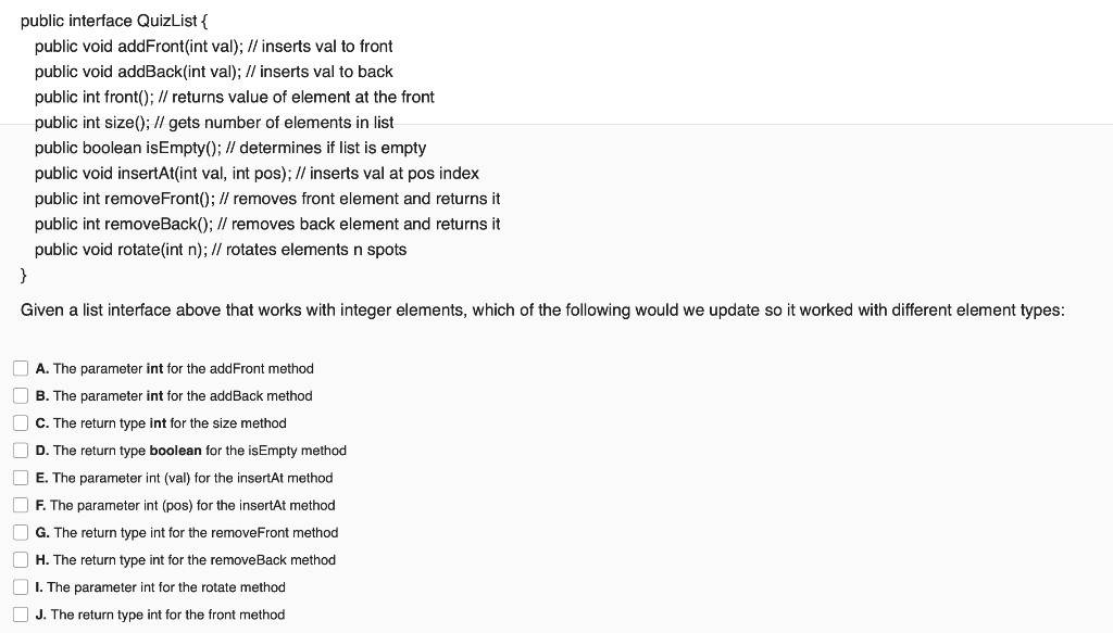 Solved public interface QuizList { public void addFront(int | Chegg.com