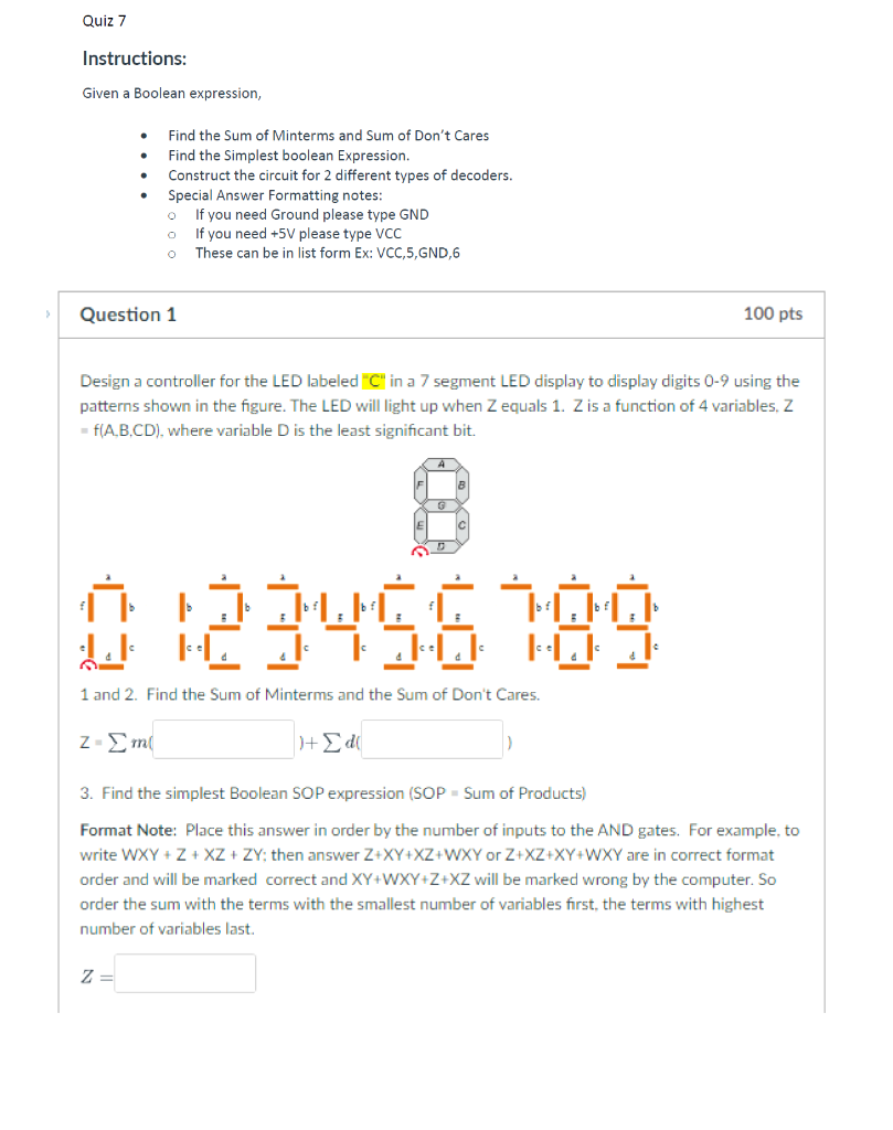 Solved Quiz 7 Instructions: Given a Boolean expression, - | Chegg.com