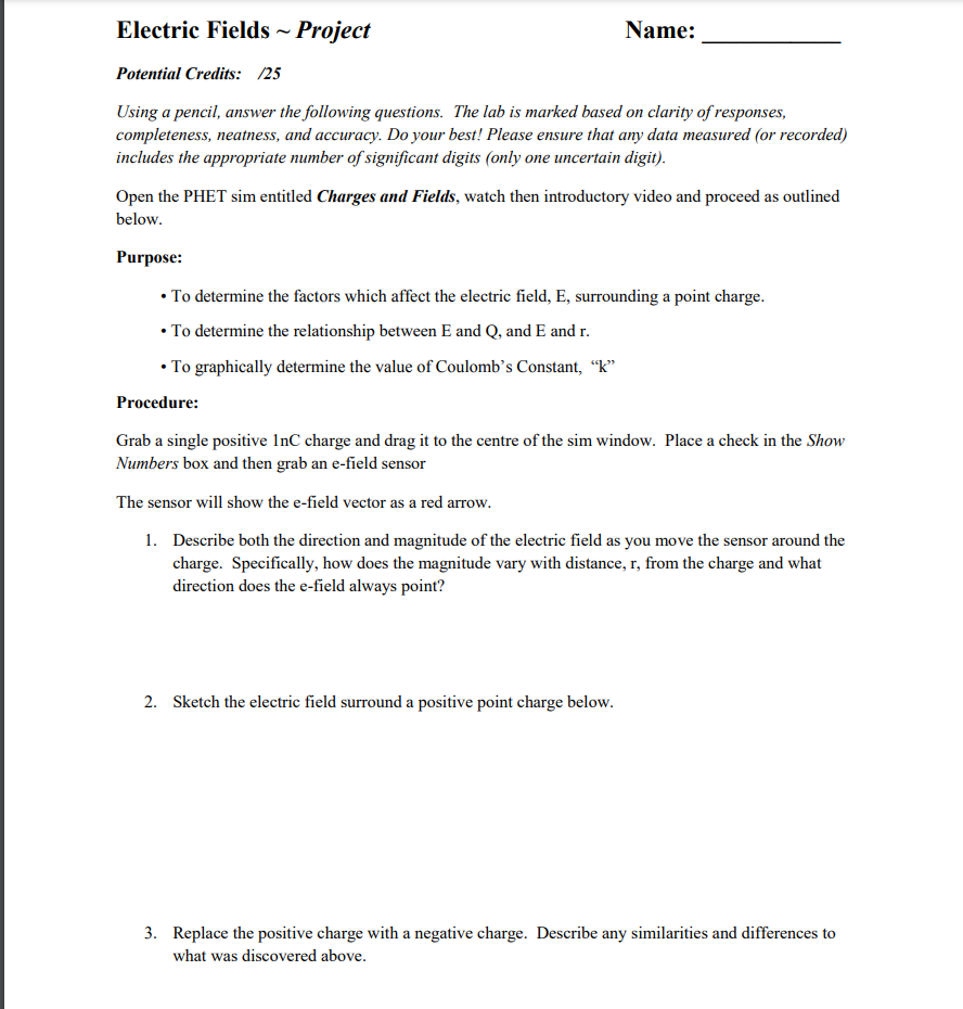 Solved Electric Fields - Project Potential Credits: /25 | Chegg.com