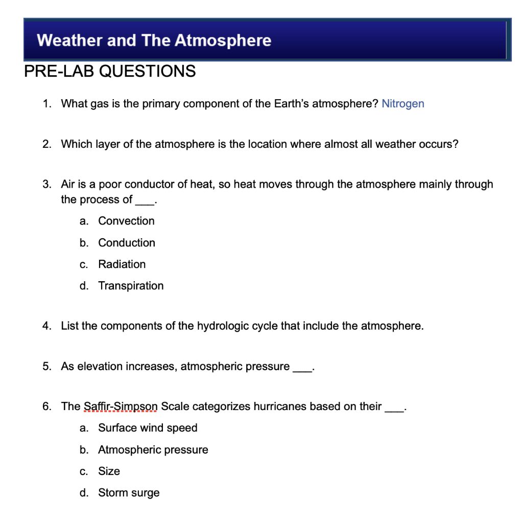 Solved Weather and The Atmosphere PRE-LAB QUESTIONS 1. What | Chegg.com