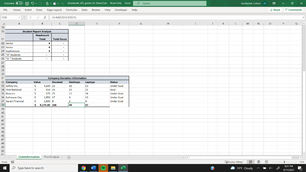 Solved 9 Using the data in the table, insert a PivotTable | Chegg.com